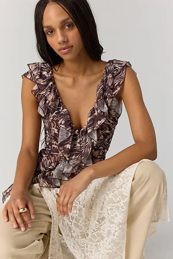 Free People Blythe Printed Ruffled Top - Marble Combo