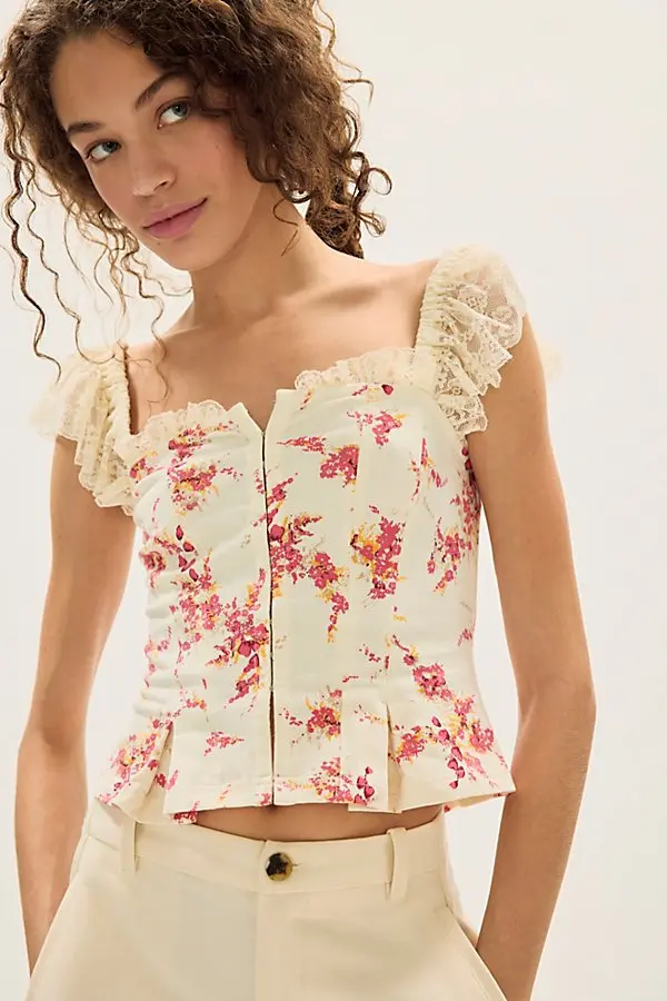 Free People Bonnie Lace Trim Floral Print Top - Tea Combo