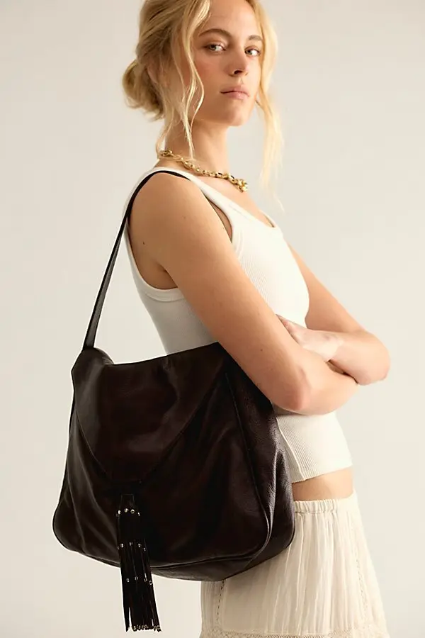 Free People Layla Leather Messenger Bag With Tassel Detail - Espresso