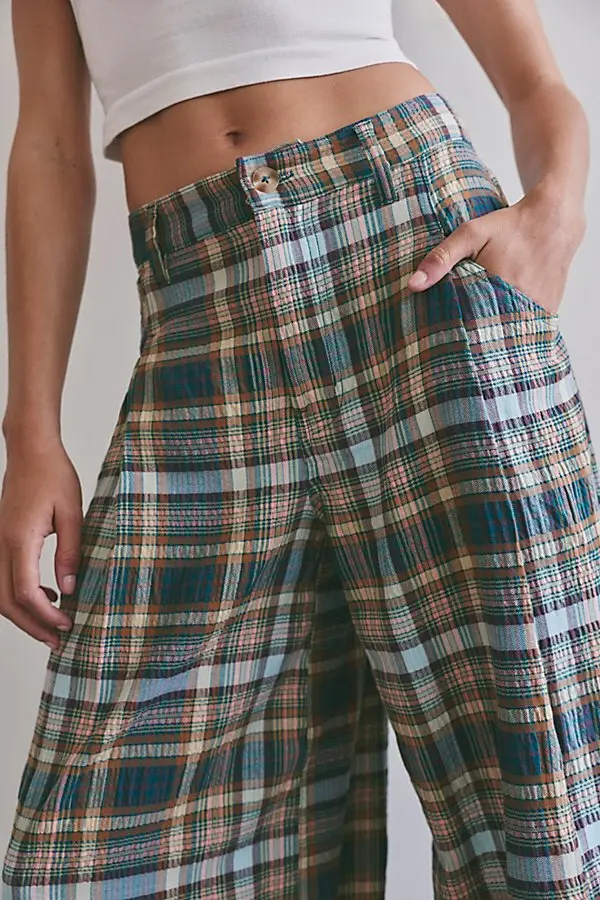 Free People Baggy Plaid Puckered Pants - Blue Combo