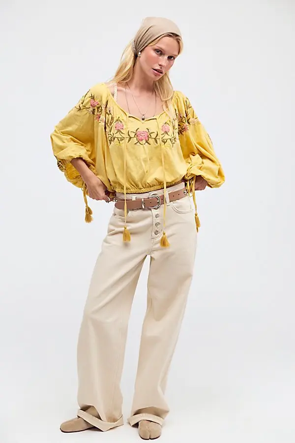 Free People Plumeria Embroidered Balloon Sleeve Top