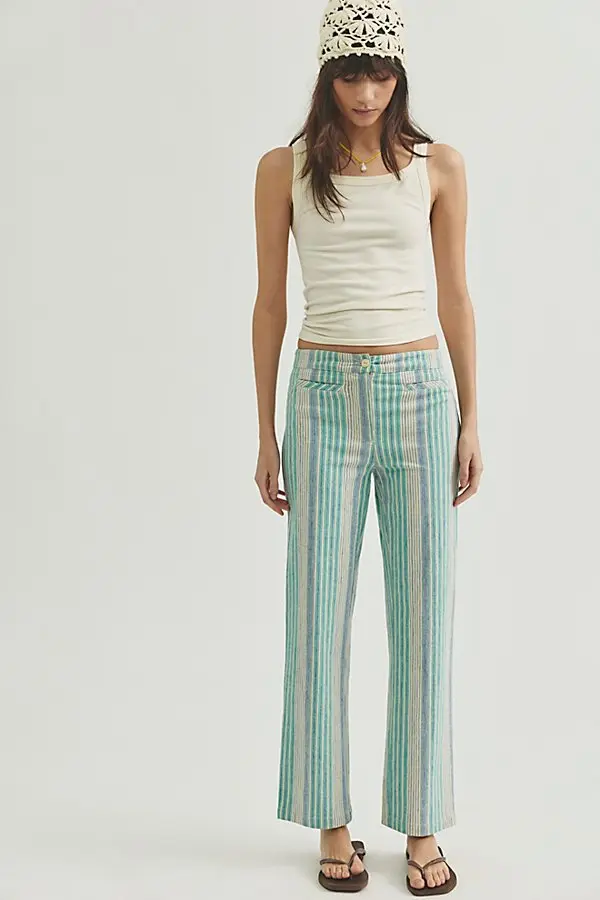 Free People Penelope Striped Crepe Linen Pants - Teal Combo