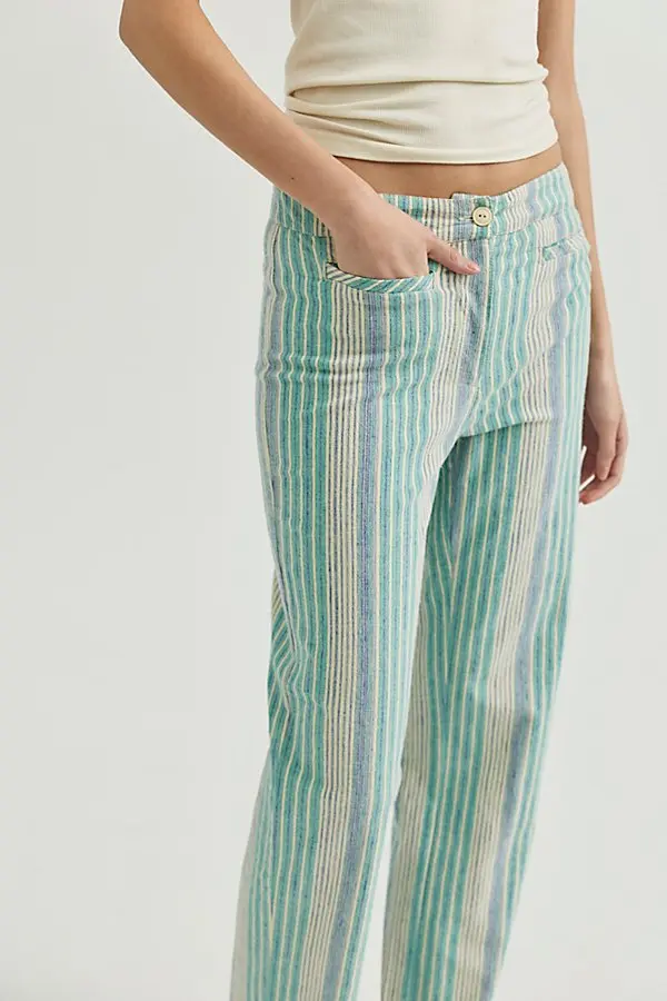 Free People Penelope Striped Crepe Linen Pants - Teal Combo