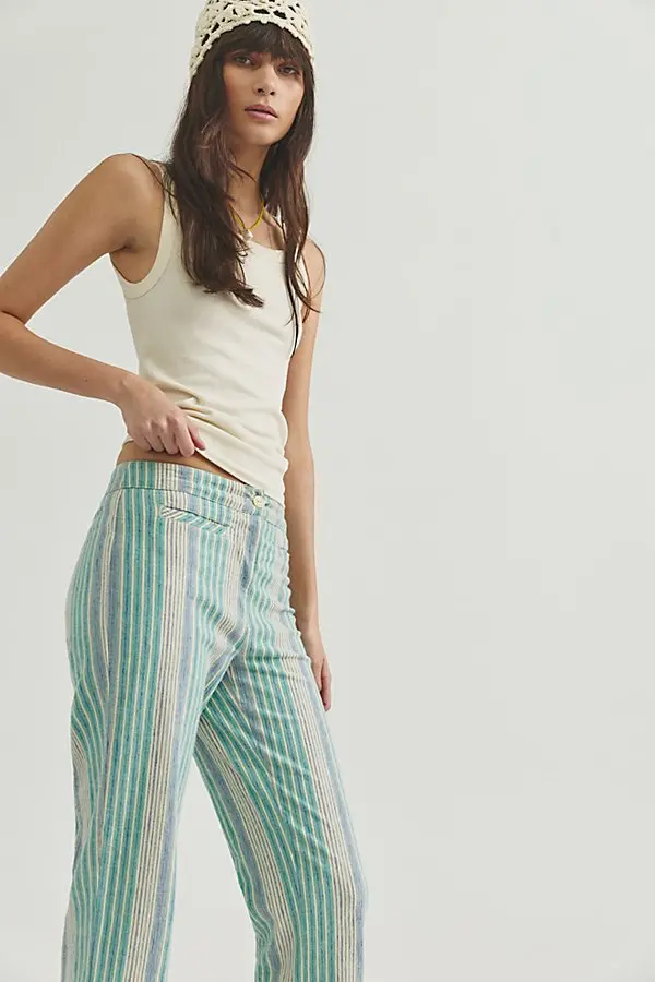 Free People Penelope Striped Crepe Linen Pants - Teal Combo