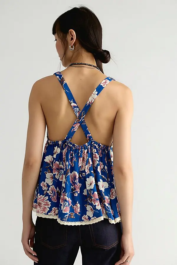 Free People Rome Printed Halter Neck Tank Top - Navy Combo