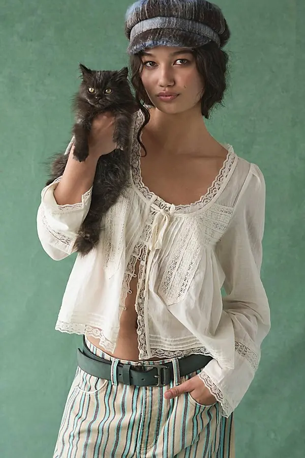 Free People Forevermore Long-sleeve Top With Lace Trim - Ivory