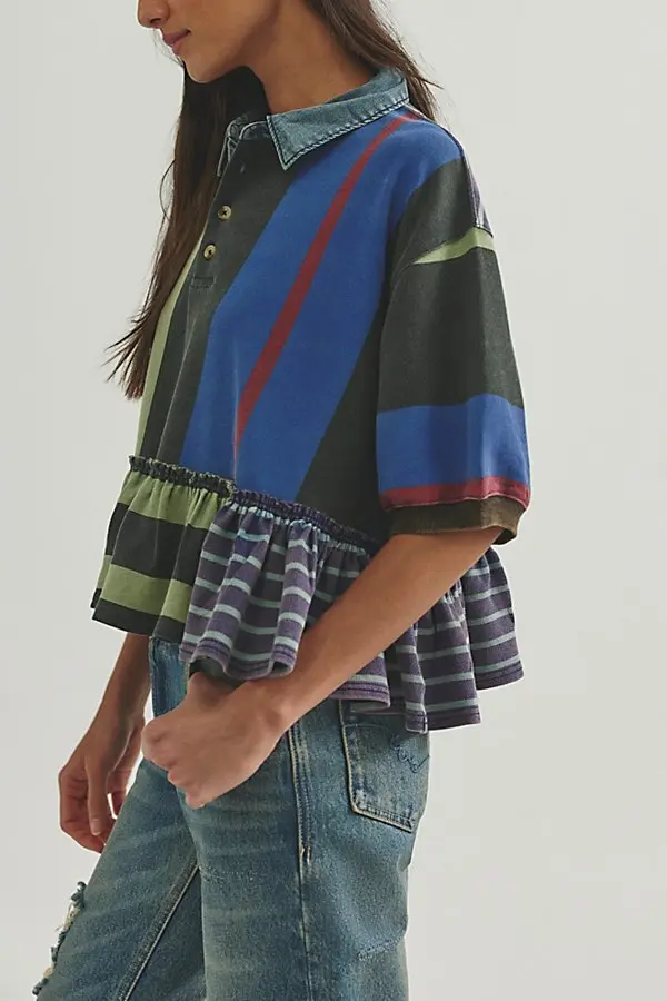 Free People Harbor Stripe Peplum Top - Navy Combo
