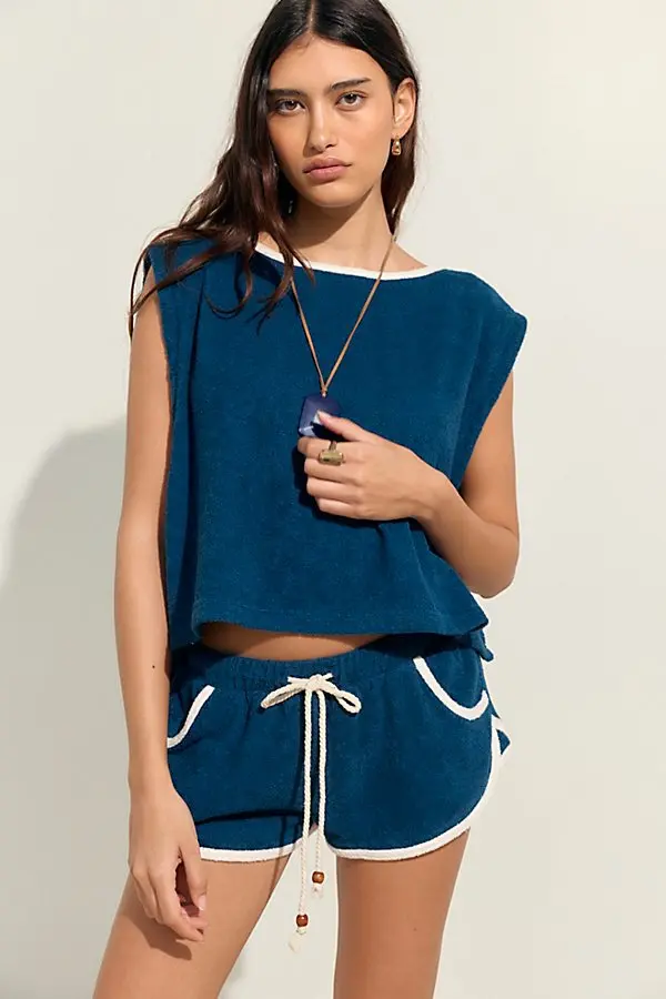 Free People Terry Muscle Tank And Micro Shorts Set - Poseidon