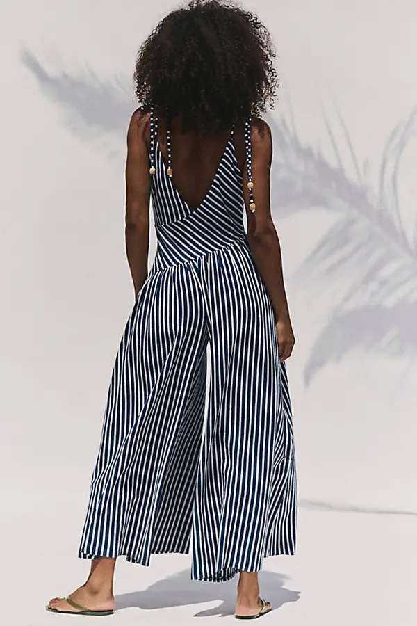 Free People Striped V-neck Wide-leg Jumpsuit