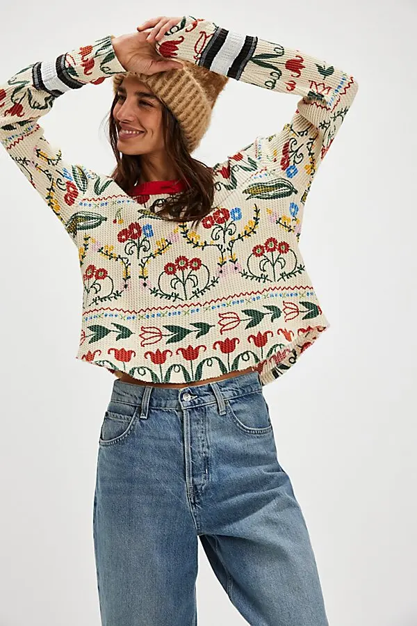 We The Free Waffle-knit Printed Long Sleeve Top - Corn