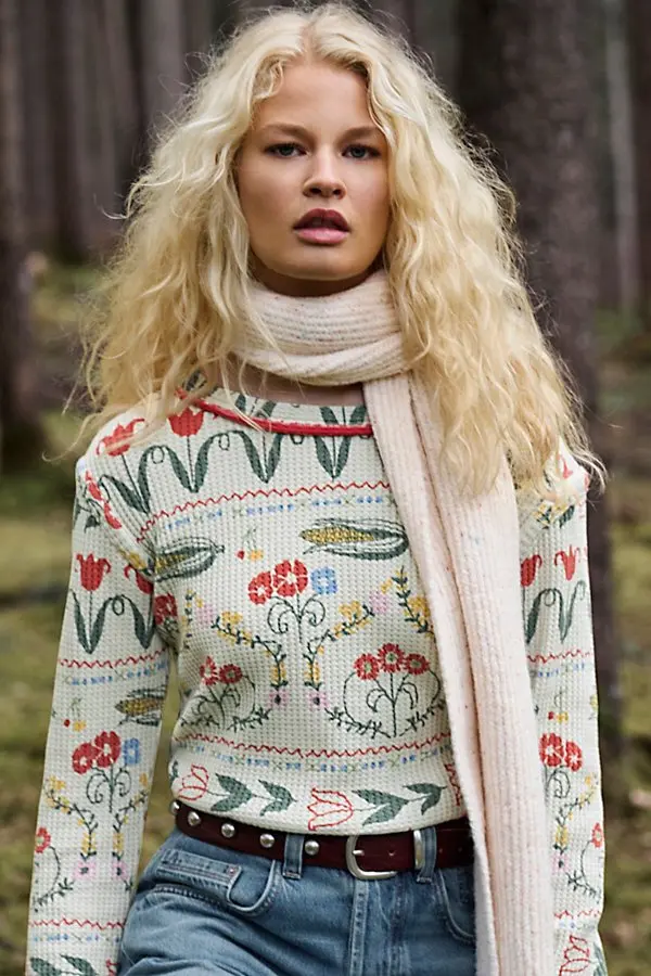 We The Free Waffle-knit Printed Long Sleeve Top - Corn