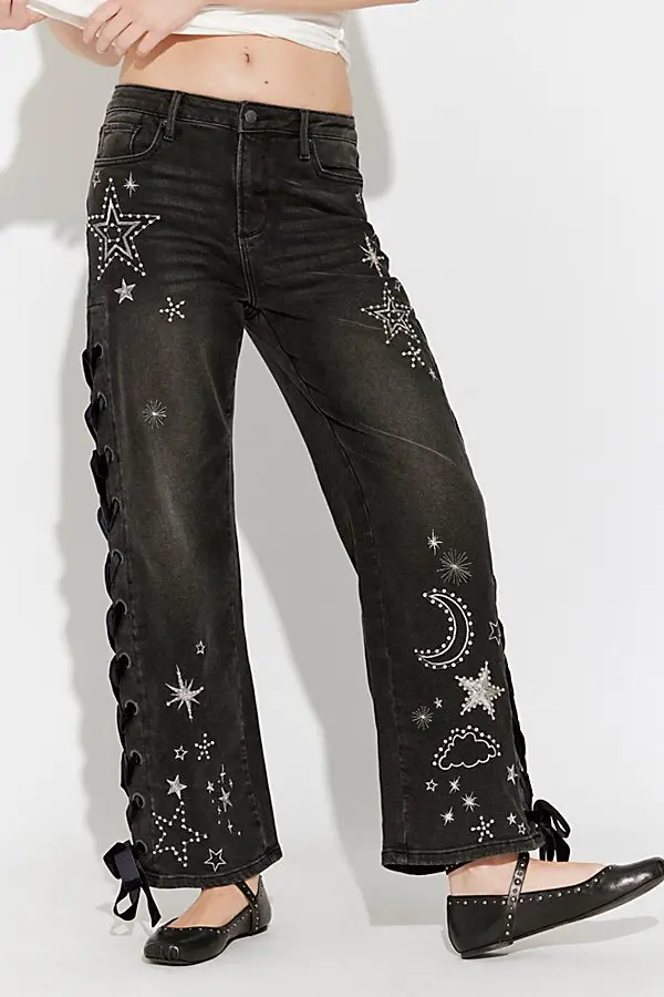 DRIFTWOOD Embellished Lace-up Straight Leg Jeans