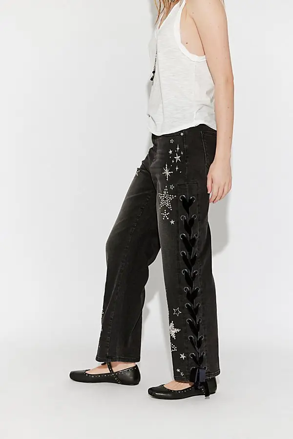 DRIFTWOOD Embellished Lace-up Straight Leg Jeans