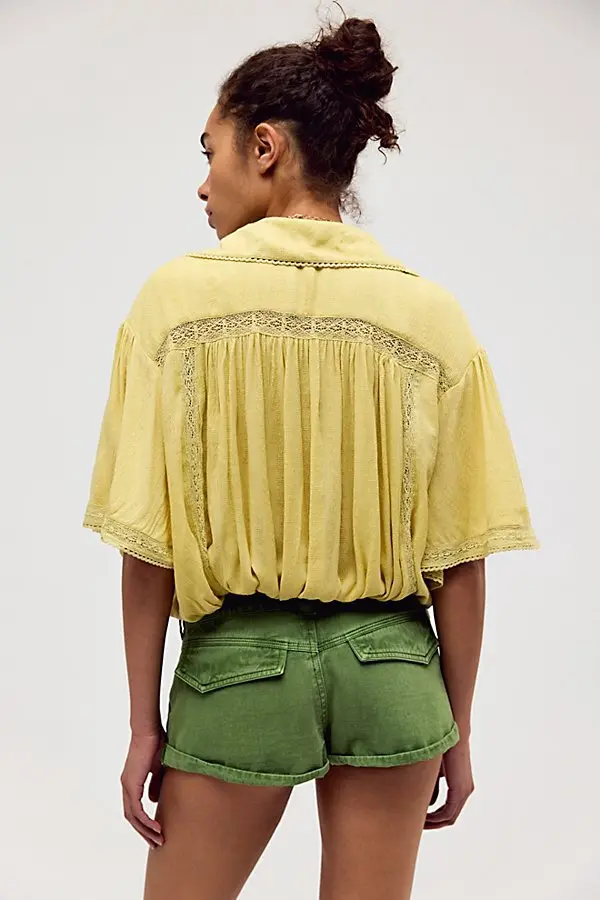 Free People Rainy Days" Cropped Lace Trim Blouse