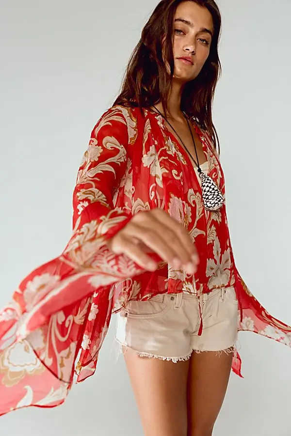 Free People Milo Printed Blouse With Bell Sleeves - Red Combo