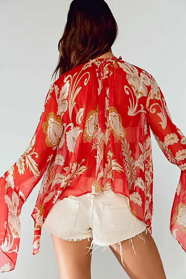 Free People Milo Printed Blouse With Bell Sleeves - Red Combo