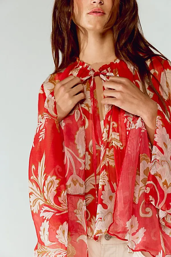 Free People Milo Printed Blouse With Bell Sleeves - Red Combo