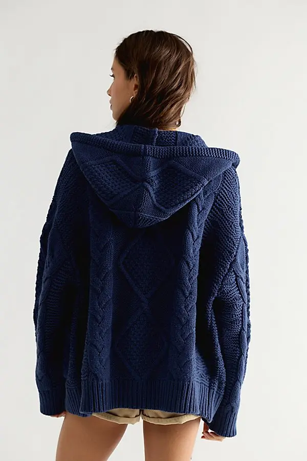 FOUND Zip-up Cable Knit Hoodie - Navy