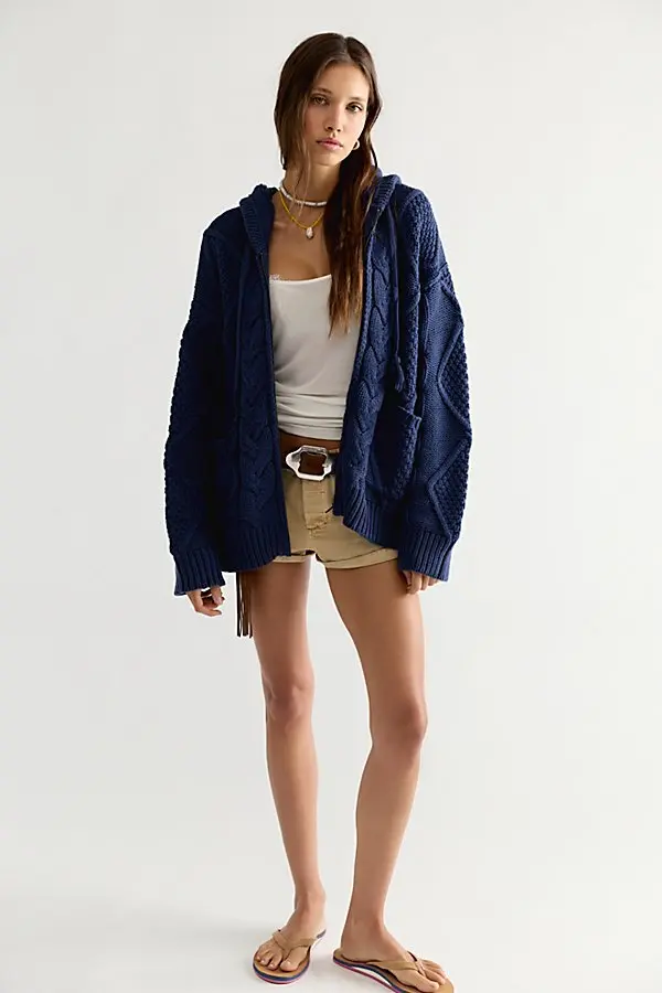 FOUND Zip-up Cable Knit Hoodie - Navy
