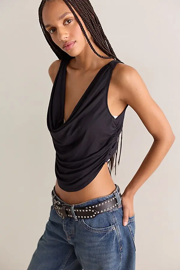 Free People Cowl Neck Ruched Camisole - Black
