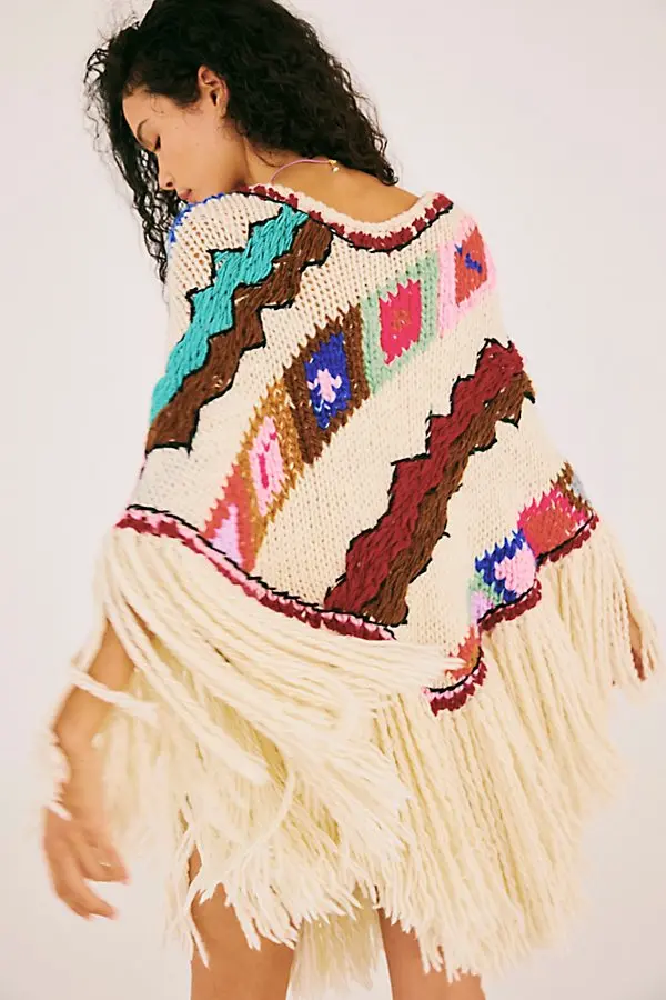 THE FARRA Tapiz Poncho Jacket With Fringe