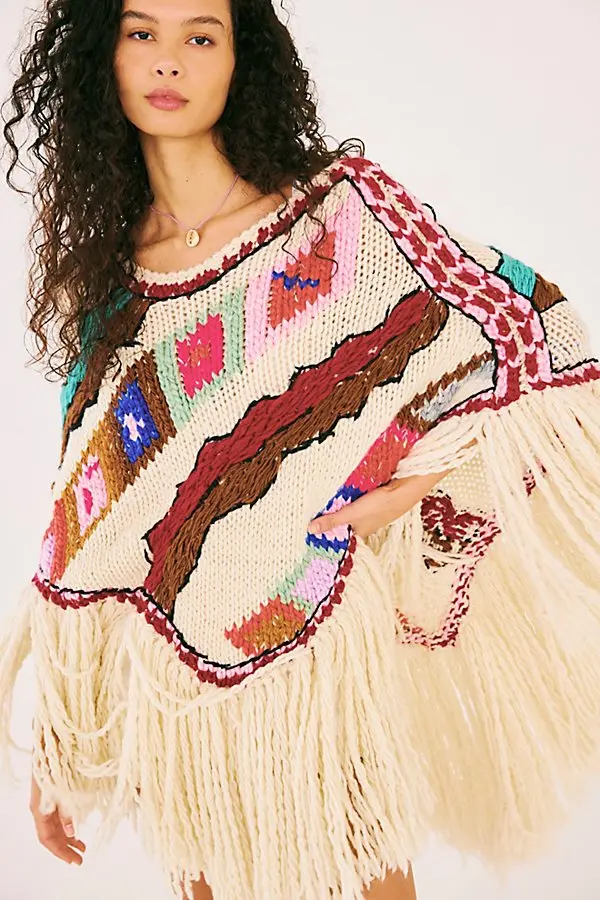THE FARRA Tapiz Poncho Jacket With Fringe