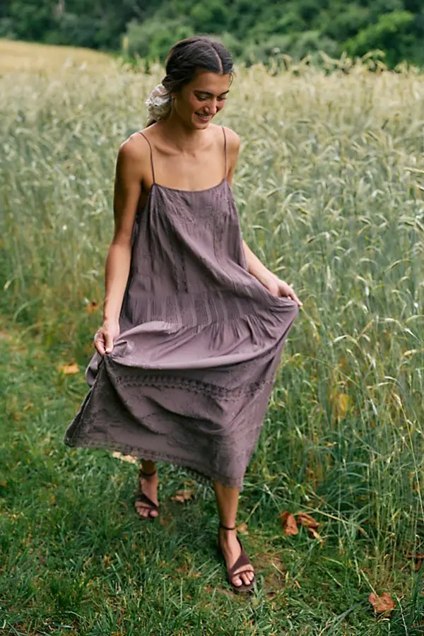 Free People Sleeveless Square Neck Midi Dress With Lace And Embroidery - Iron