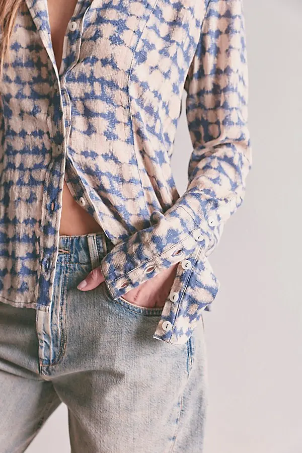 We The Free Nathalia Button Down Top - Chambray Combo