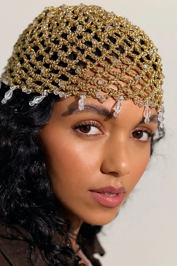 Free People Crochet Cap With Crystal Embellishments