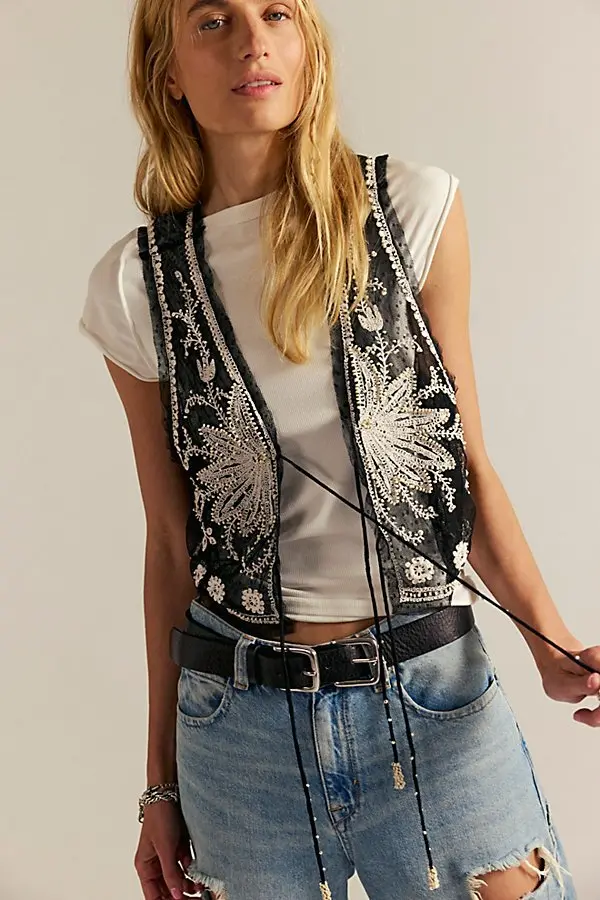 Free People Embellished Tulle Vest - Black