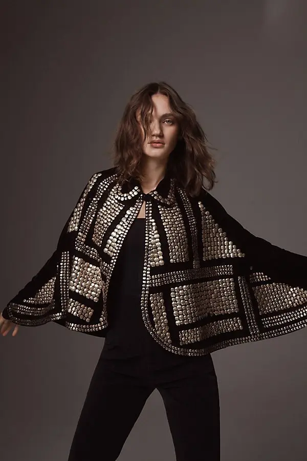 Free People Embellished Velvet Cape Top - Black