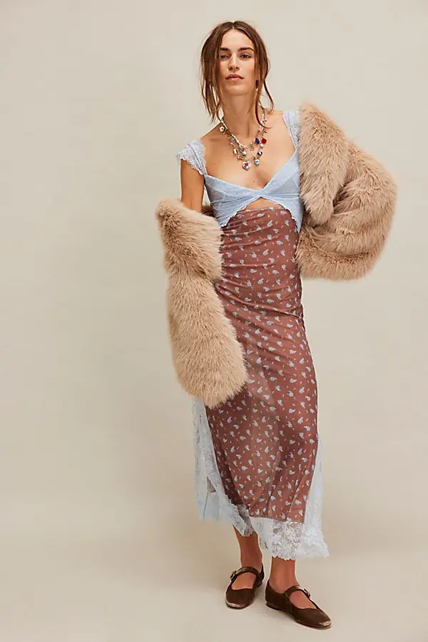 INTIMATELY Sheer Floral Maxi Slip Dress With Lace Trim And Cutout Detail - Cafe Combo