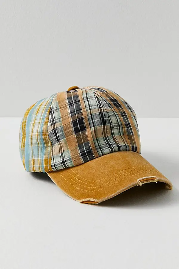 Free People Mixed Plaid Baseball Hat - Camel Combo