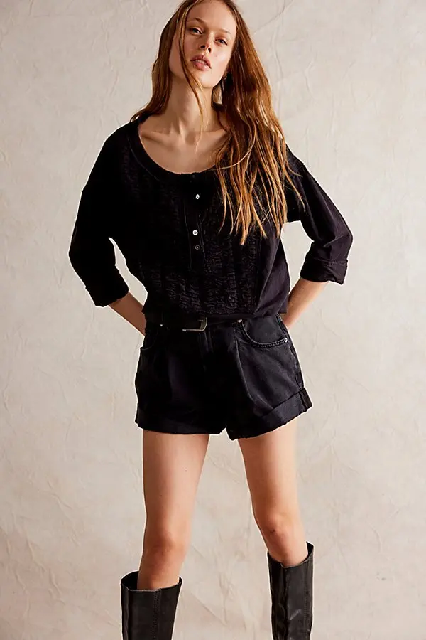 We The Free Redone Cotton Slouchy Long-sleeve Tee With Shirred Detailing - Black