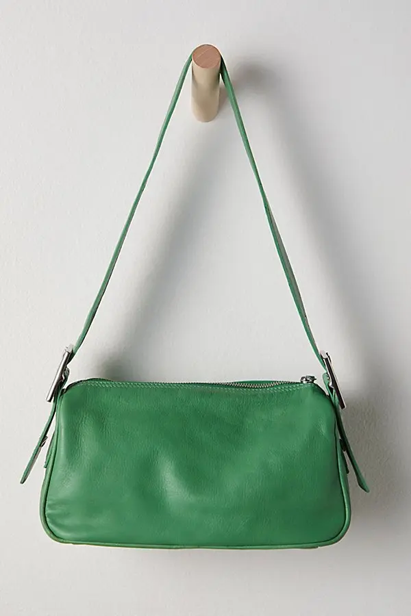 FP COLLECTION Leather Shoulder Bag With Rivet Detailing - Cut Grass