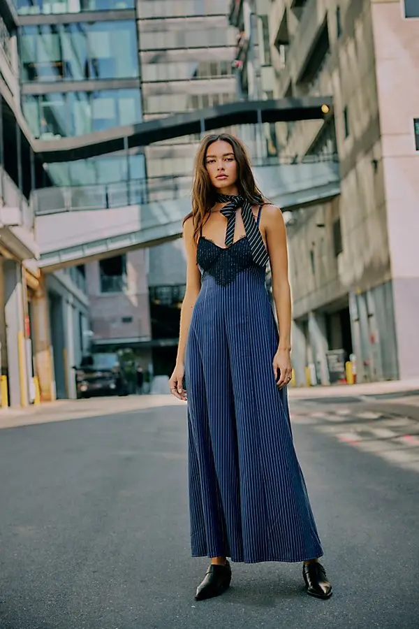 Free People Pinstripe Lace Trim Wide-leg Jumpsuit - Blue Combo