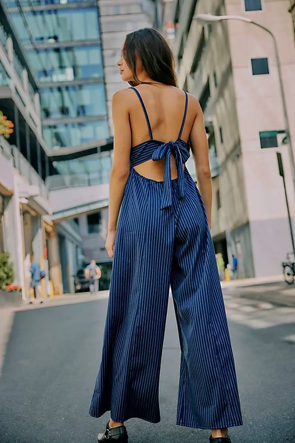 Free People Pinstripe Lace Trim Wide-leg Jumpsuit