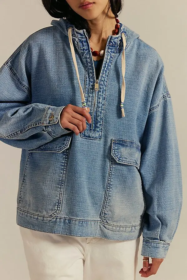 We The Free Casey Denim Pullover Jacket With Hood - Duster Blue