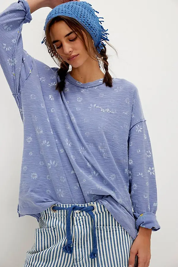 We The Free Backyard Tee" Long Sleeve, Oversized, Printed Top - Blue Combo