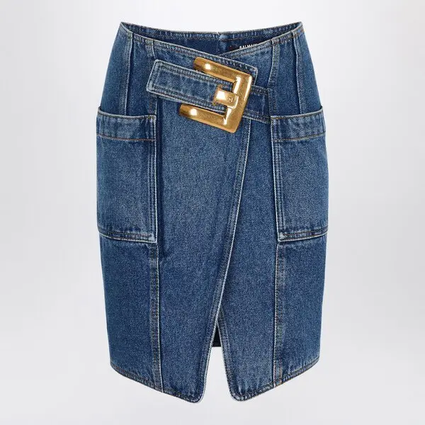 Balmain Belted Denim Midi Skirt With Gold-finish Buckle - Blue