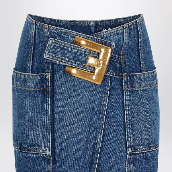Balmain Belted Denim Midi Skirt With Gold-finish Buckle - Blue