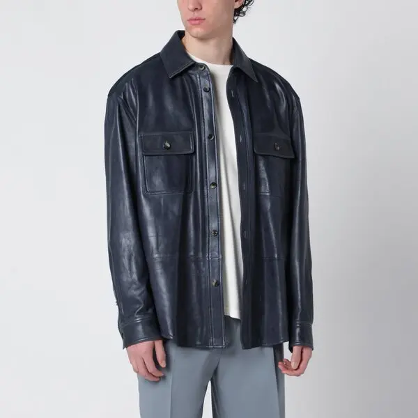 Loewe Oversized Navy Shirt In Leather And Cotton