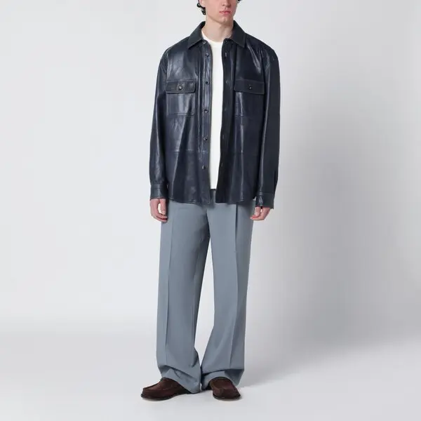 Loewe Oversized Navy Shirt In Leather And Cotton