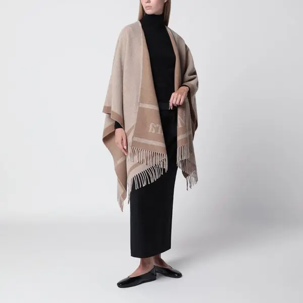 Max Mara Jacquard Poncho With Fringes In Sand-colored Wool - Beige