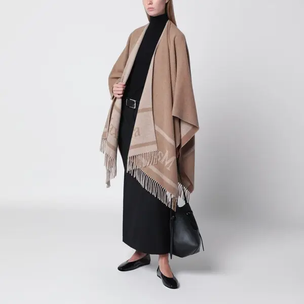 Max Mara Jacquard Poncho With Fringes In Sand-colored Wool