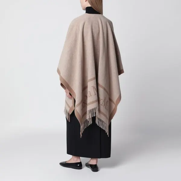 Max Mara Jacquard Poncho With Fringes In Sand-colored Wool