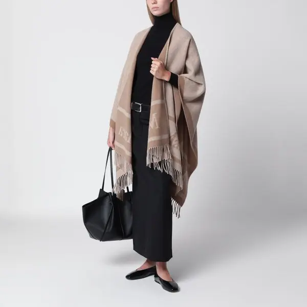 Max Mara Jacquard Poncho With Fringes In Sand-colored Wool