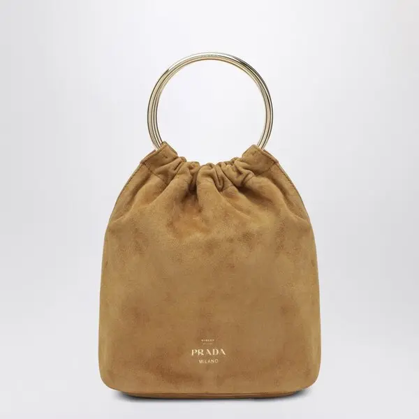 Prada Suede Mini Bucket Bag With Circular Handles - Brown