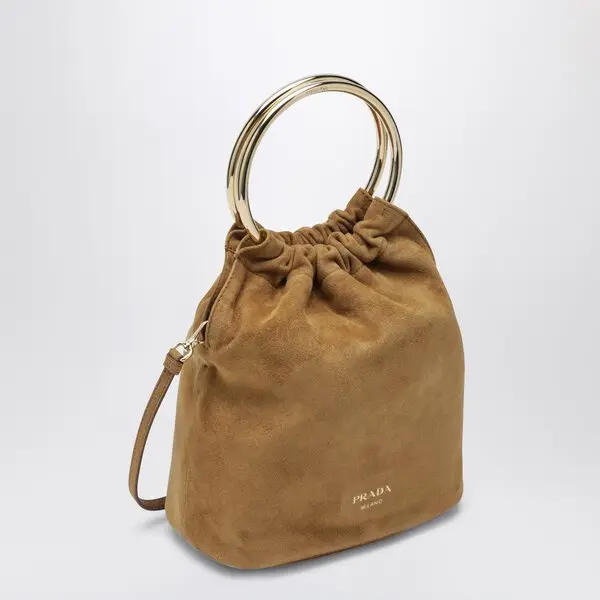 Prada Suede Mini Bucket Bag With Circular Handles - Brown