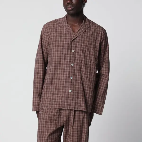 TEKLA Serra-colored Cotton Pajama Shirt With Check Pattern - Brown